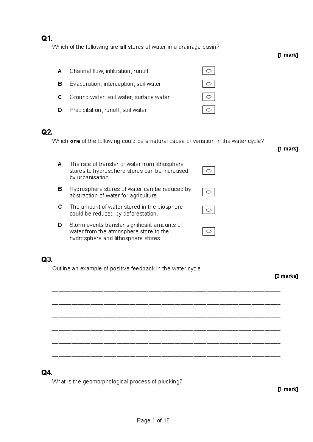Geography Exam Questions: Water Cycle & Geomorphology (GEOG101) - Studocu