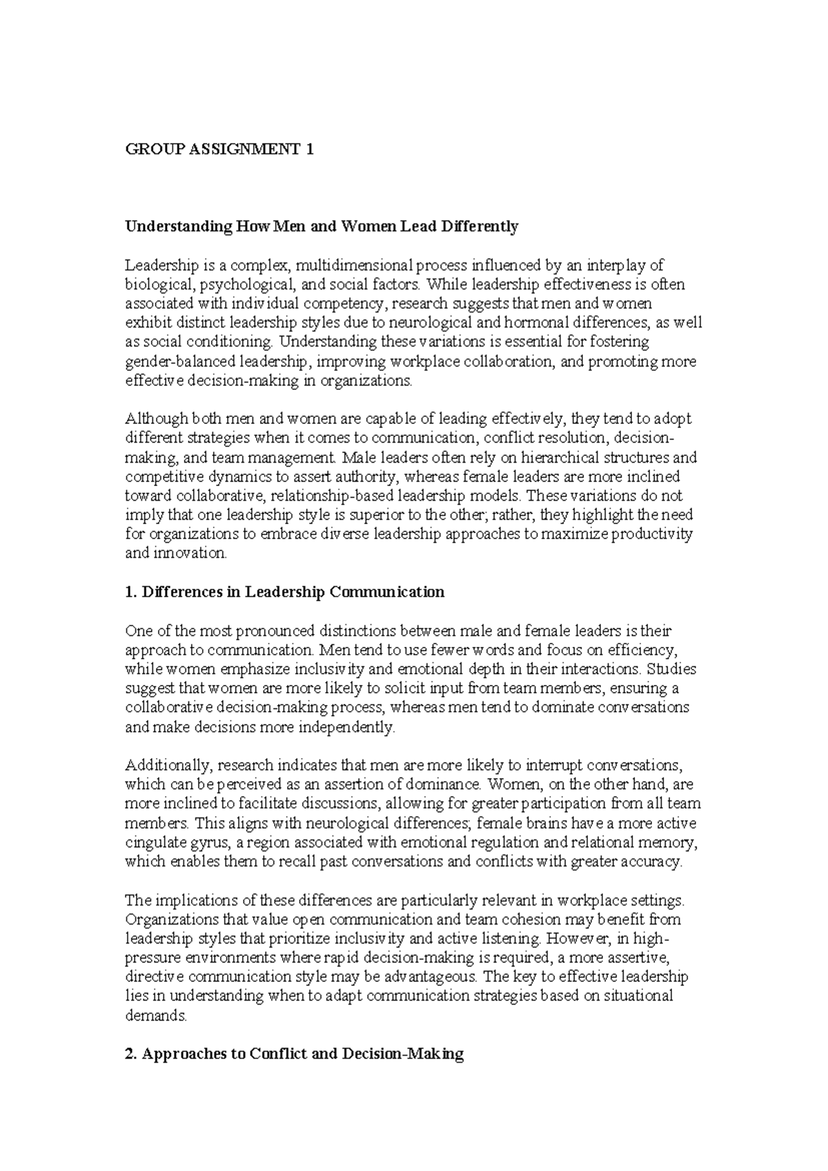 Group Assignment 1: Exploring Gender Differences in Leadership Styles ...