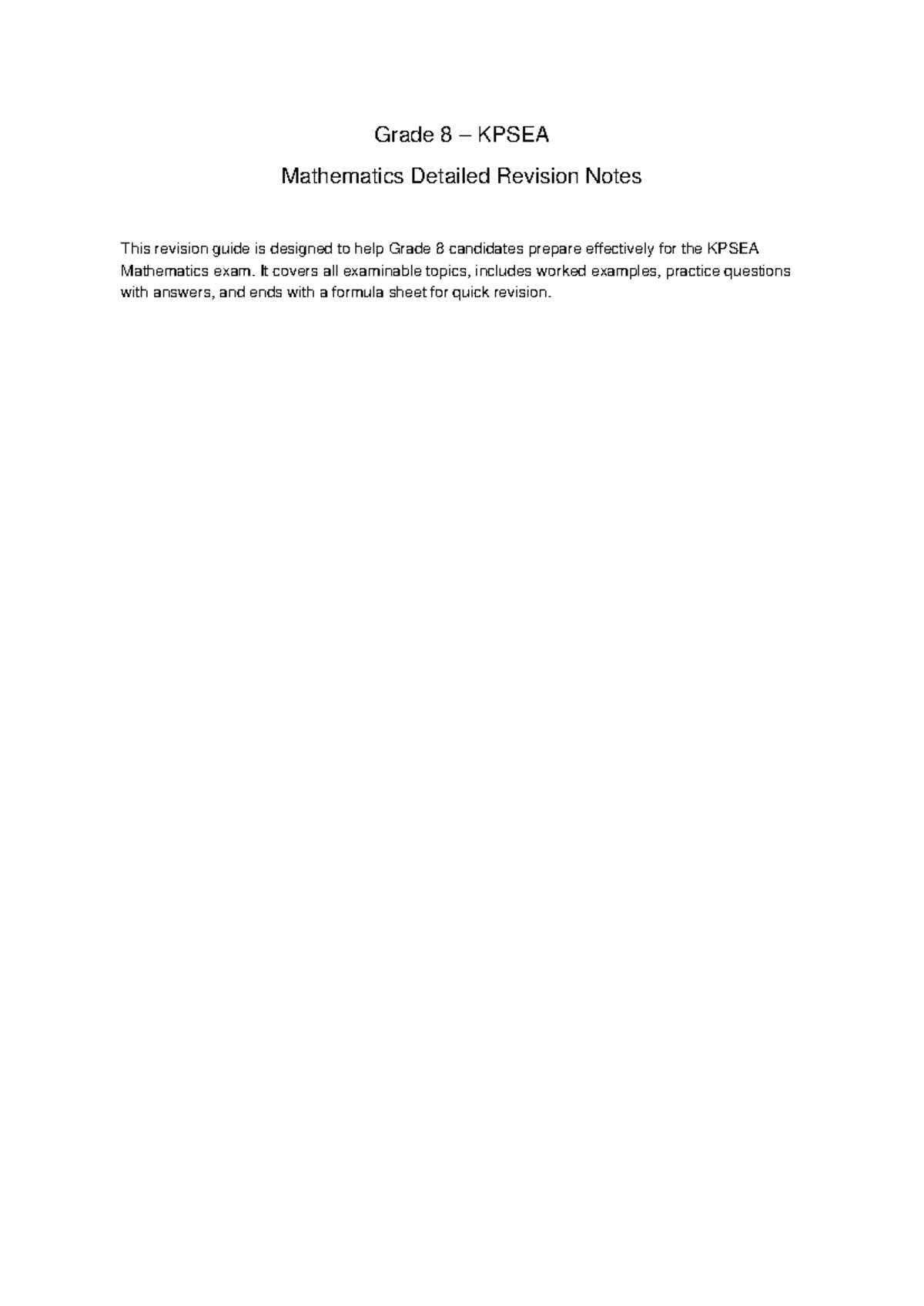 Grade 8 KPSEA Mathematics Final Exam Revision Notes - Studocu