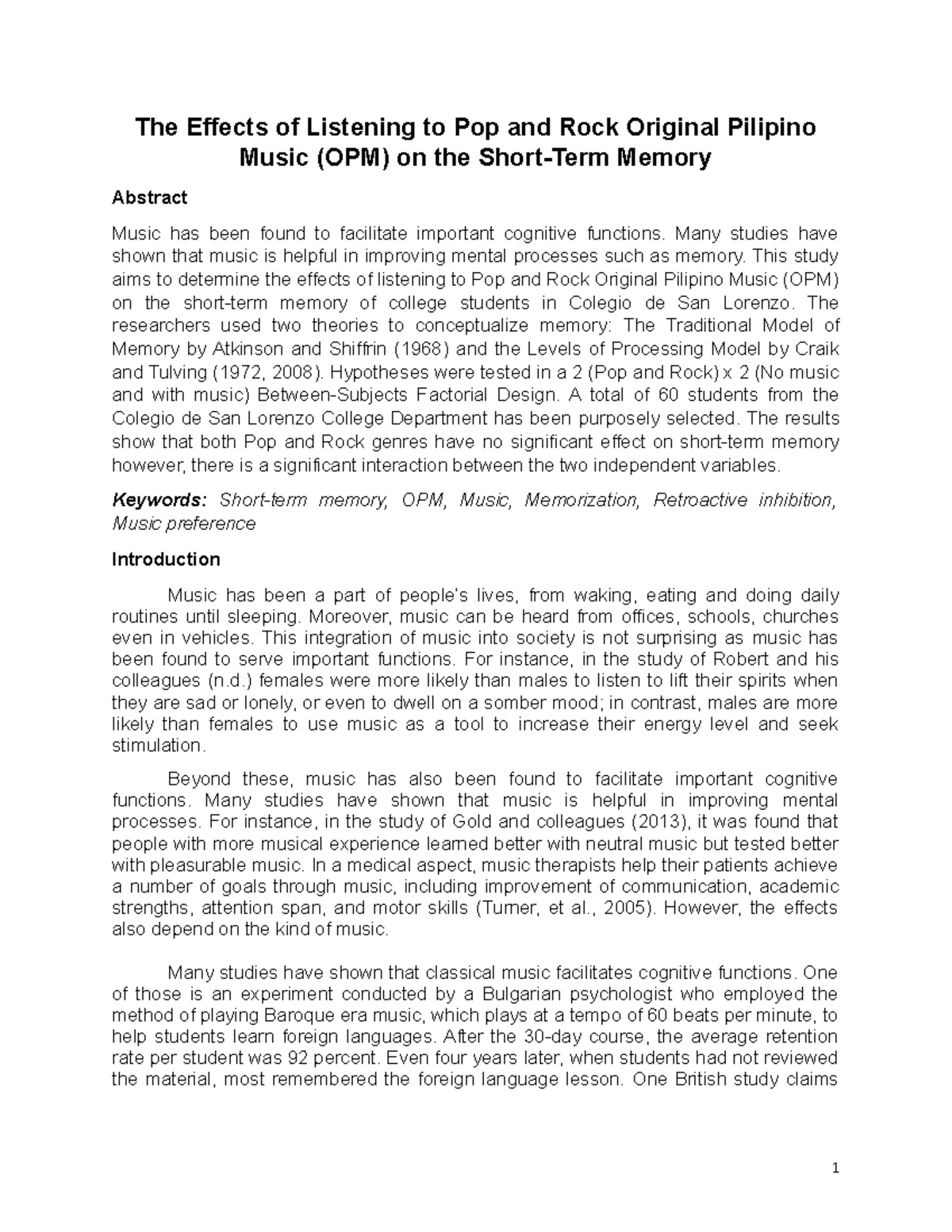 Effects of Listening to Pop & Rock OPM on College Students' Memory ...