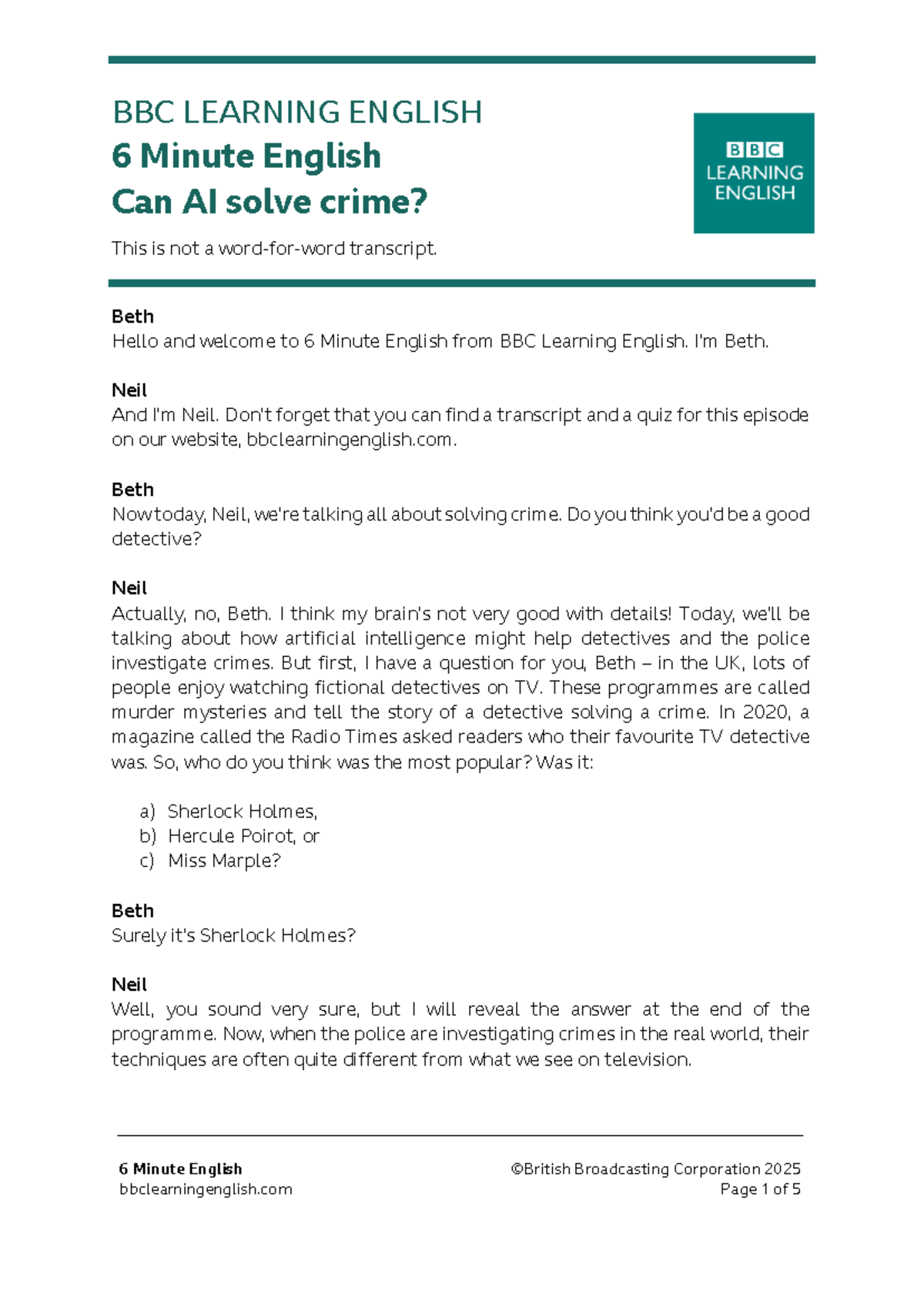 BBC LEARNING ENGLISH 6 Minute English: Can AI Solve Crime? Transcript ...