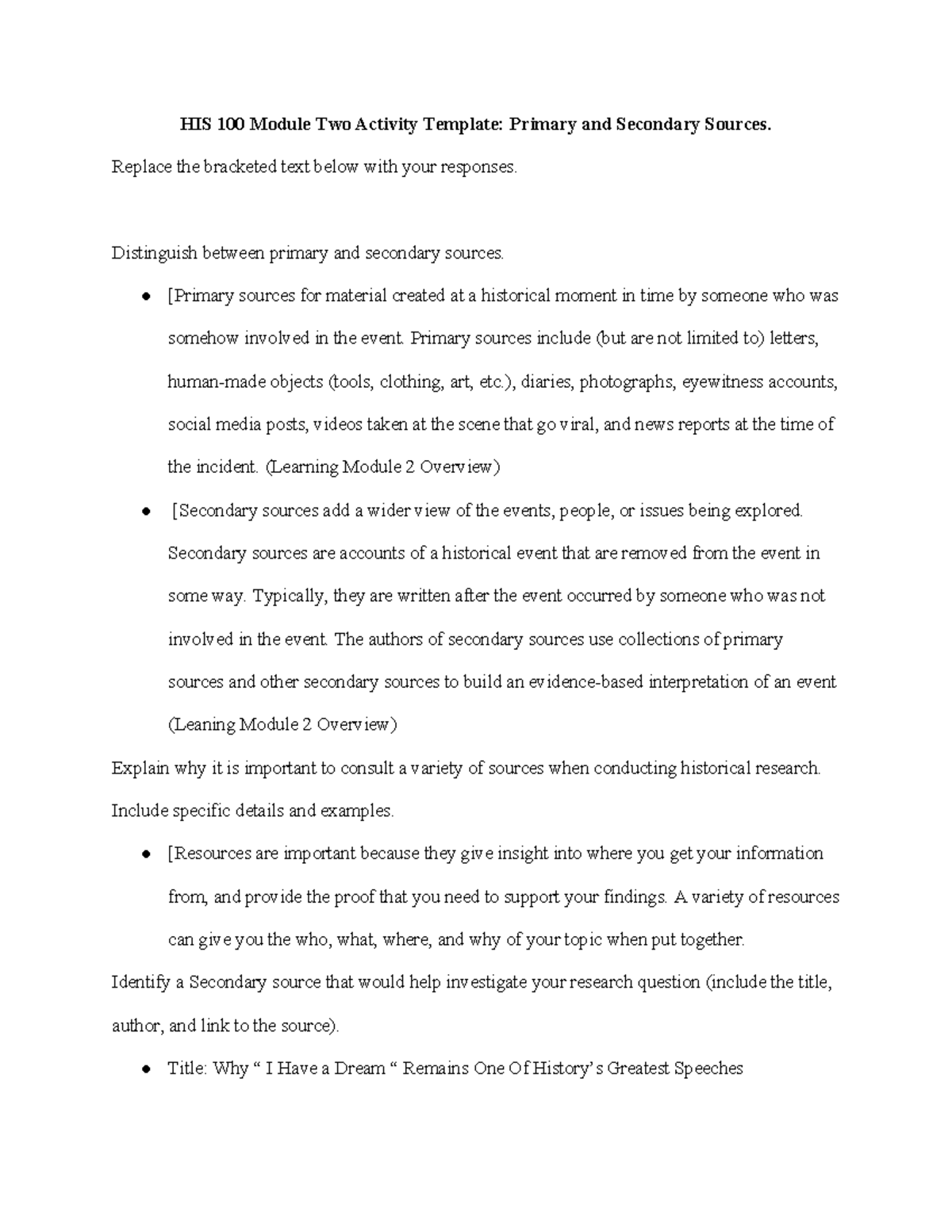 HIS 100 Module Two Assignment: Primary and Secondary Sources Analysis ...