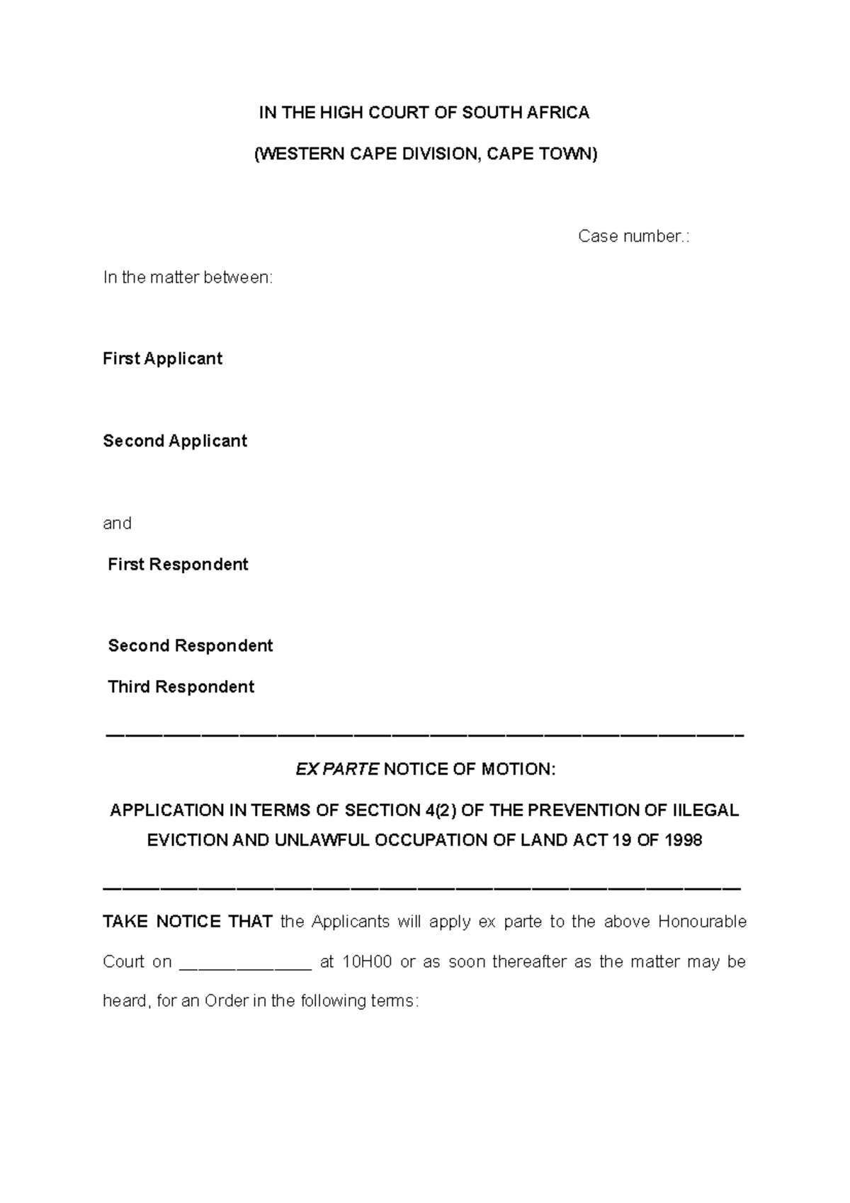 Ex Parte Notice of Motion: Application under Sec 4(2) of PIE Act - Studocu