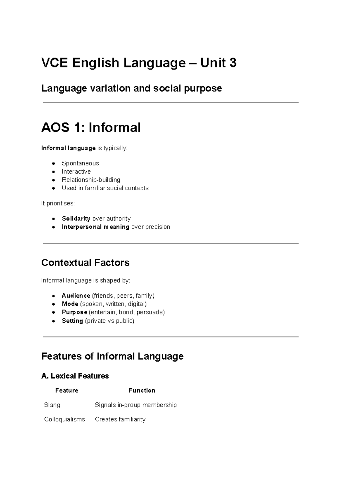 U3 EL Summary: Language Variation & Social Purpose AOS 1 & 2 - Studocu