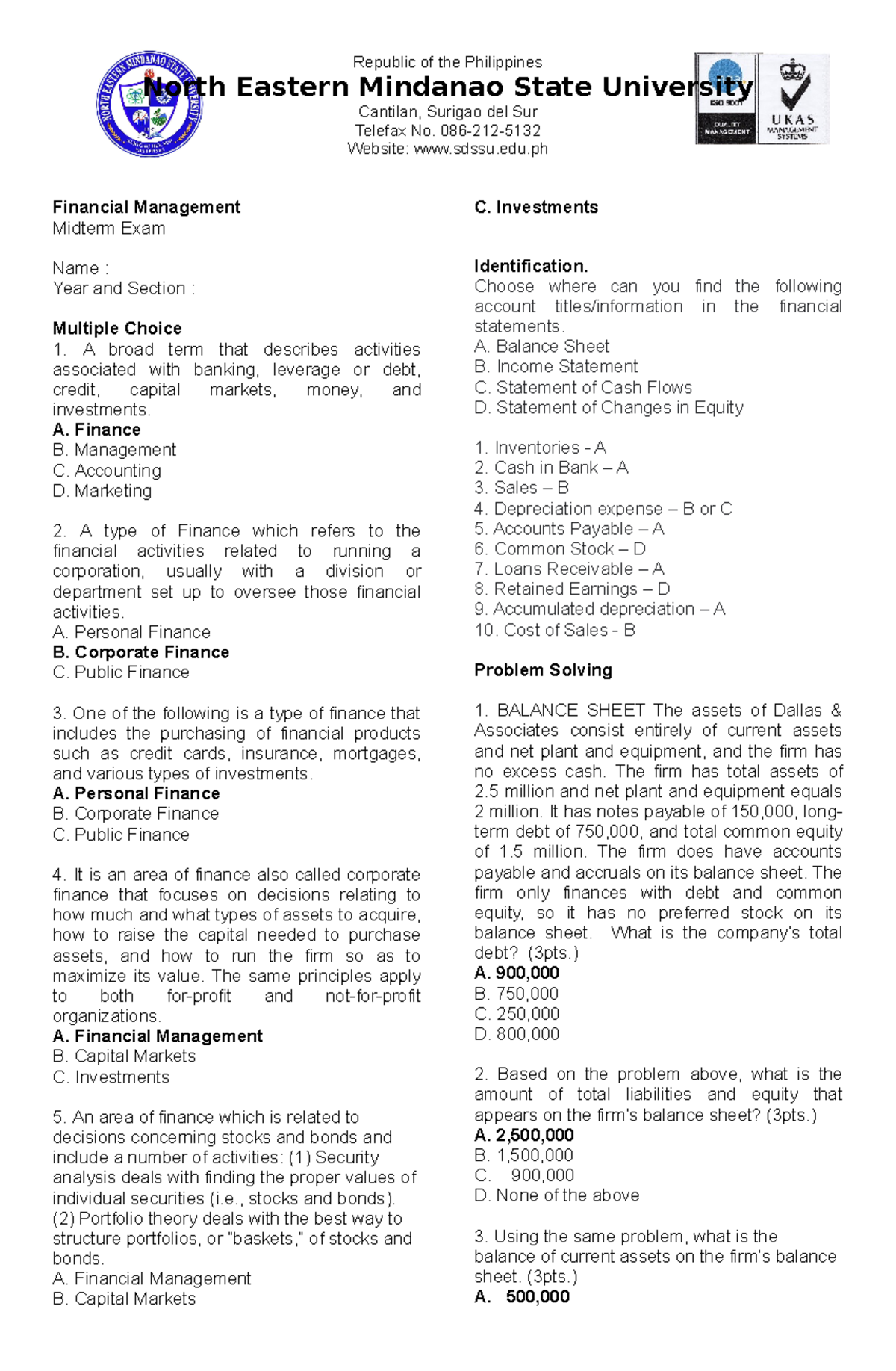 Financial Management (FMGT 101) Midterm Exam - Answer Key - Studocu