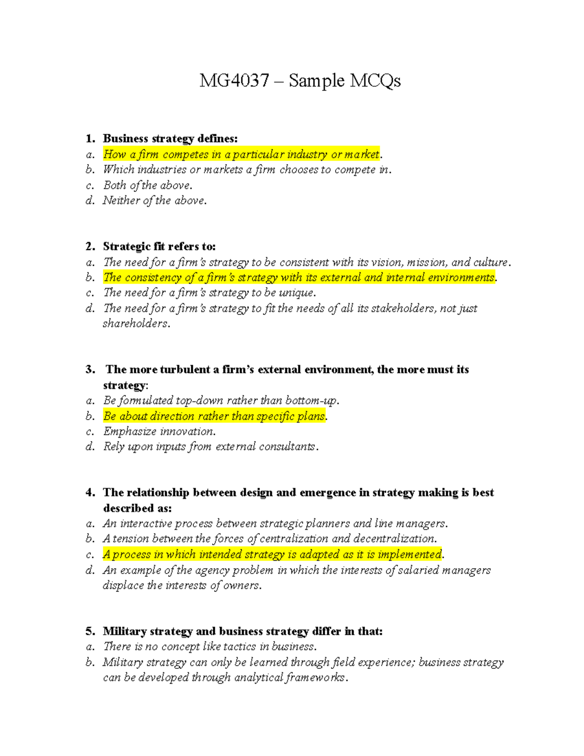 MG4037 - Sample MCQs - MG4037 – Sample MCQs Business strategy defines ...