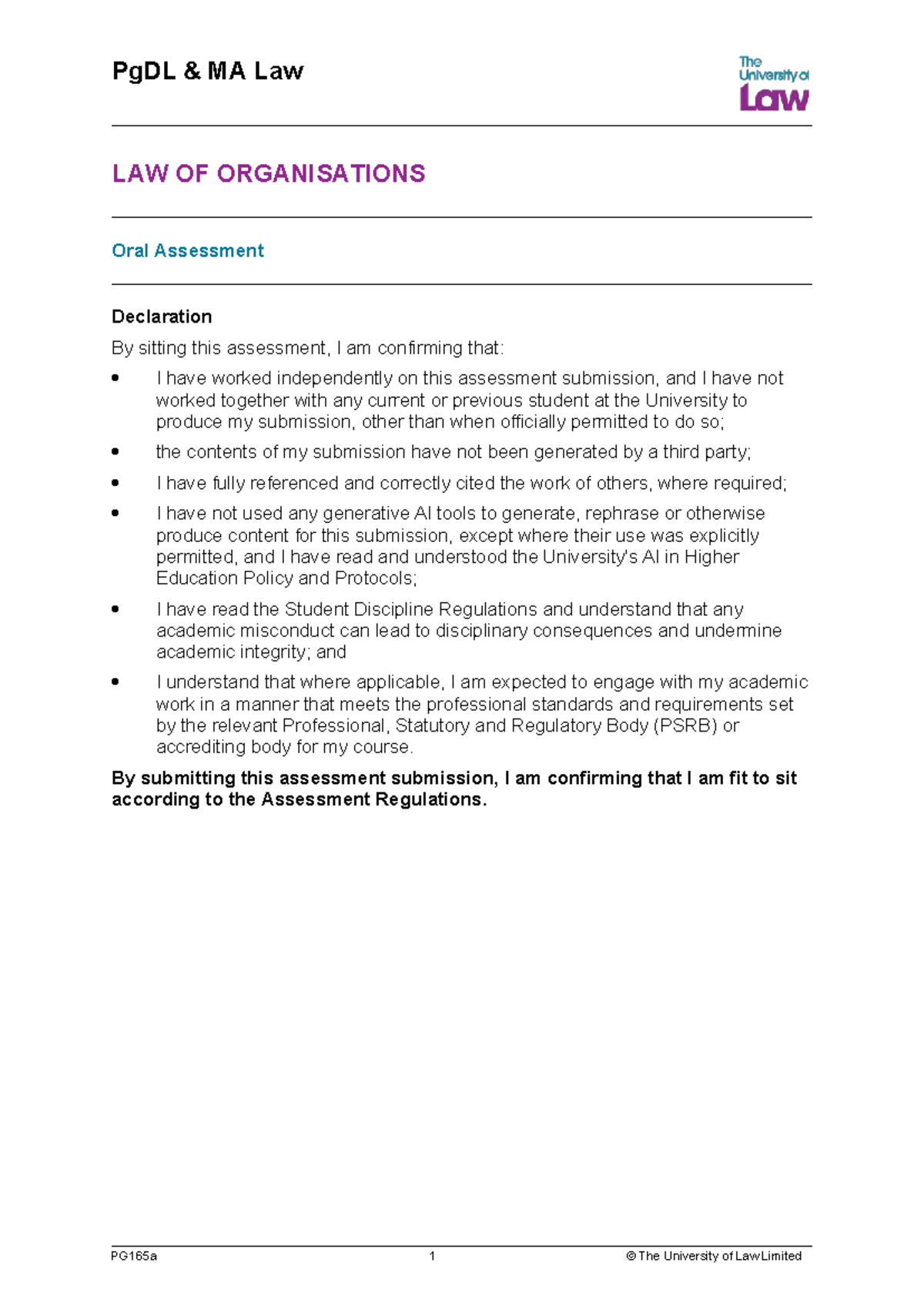 PgDL MA Law LAW OF ORGANISATIONS Oral Assessment Declaration - Studocu