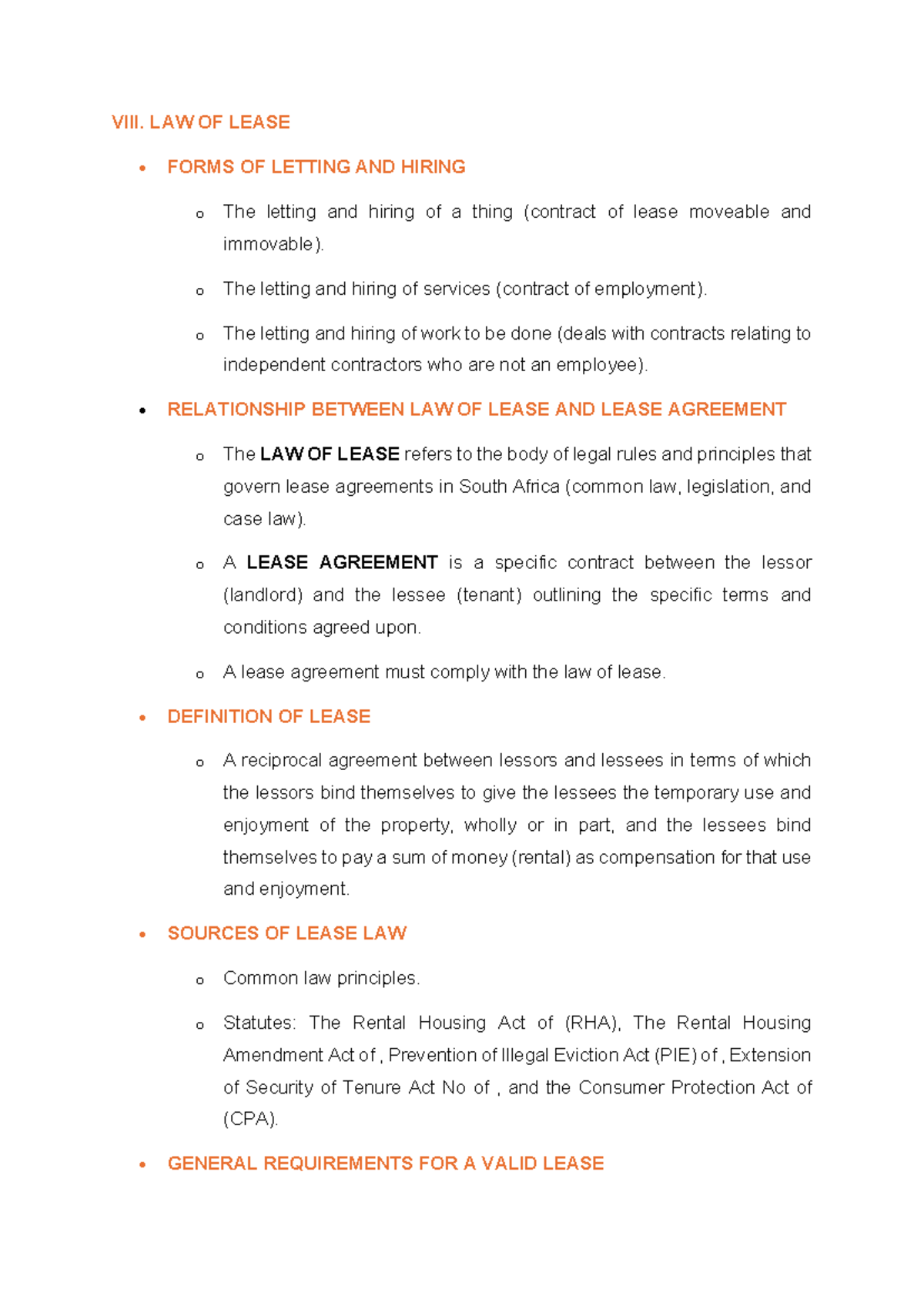 LSPC Law of Lease and Carriage: Comprehensive Exam Notes - Studocu