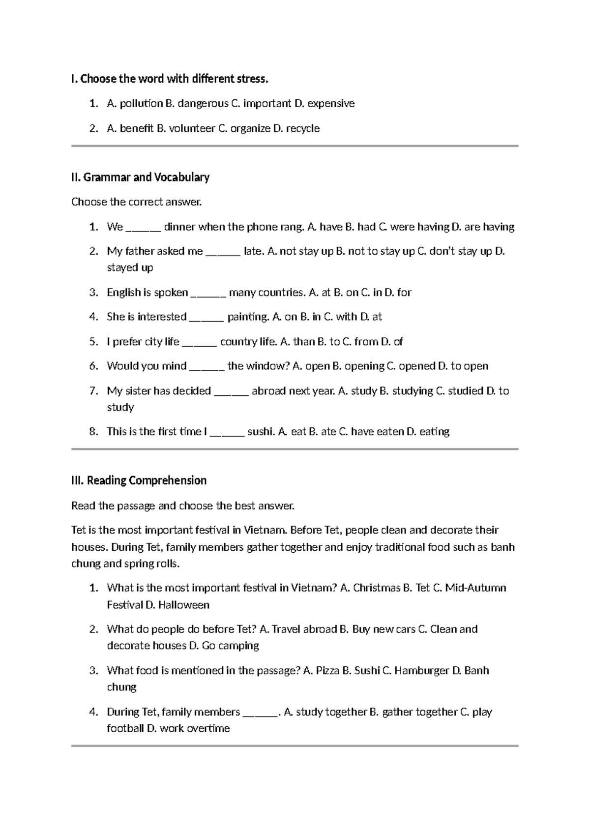 Doc 3 - Tiếng Anh: Stress, Grammar & Reading Comprehension Quiz - Studocu