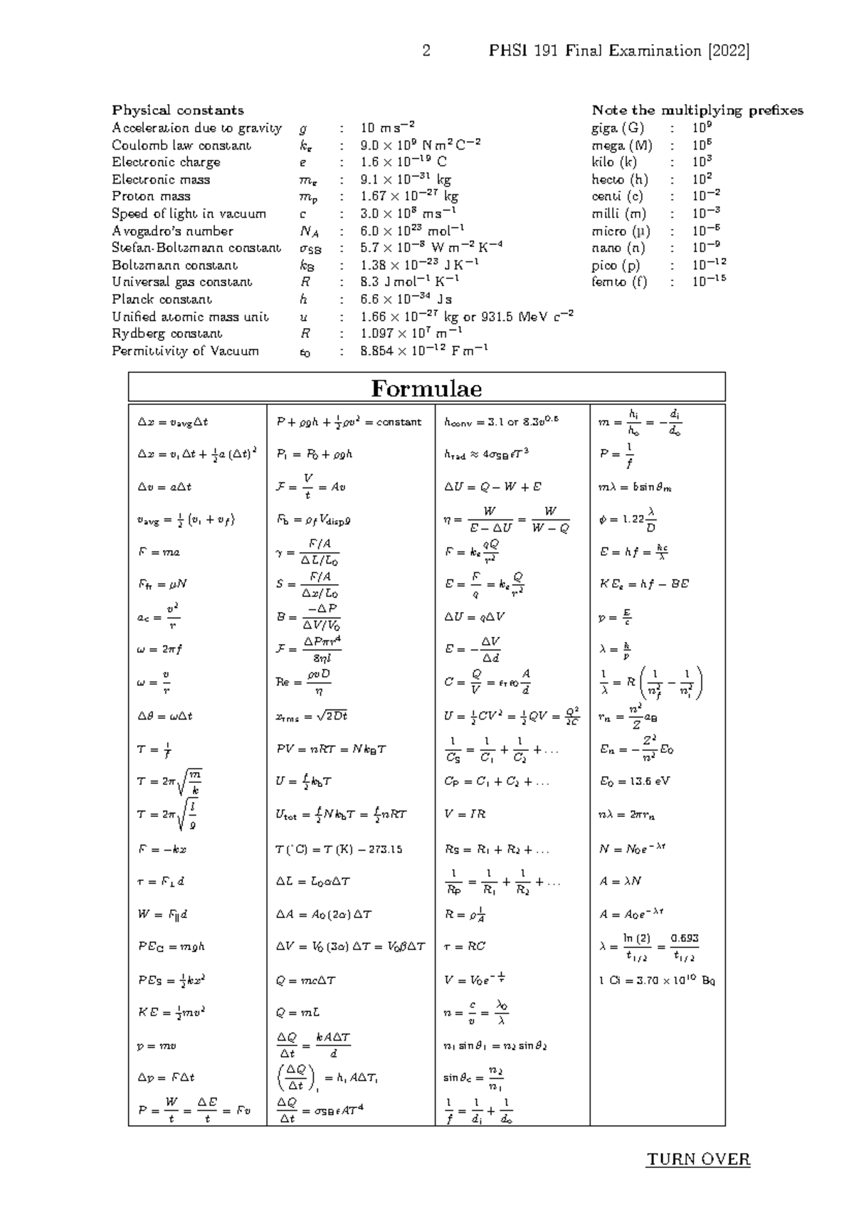 Physi 191 Formula and Data Sheet - 2 PHSI 191 Final Examination [2022] Physical constants Note ...