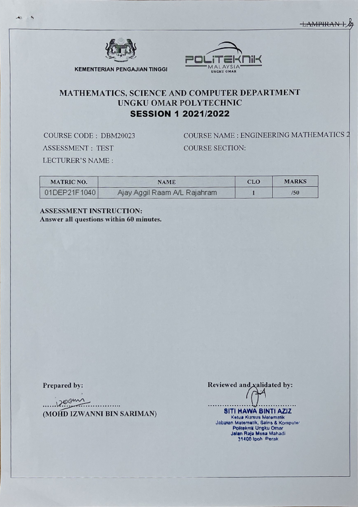 Test2 - Study material - LAMPIRAN S POLITEKNIK KEMENTERIAN PENGAJIAN ...