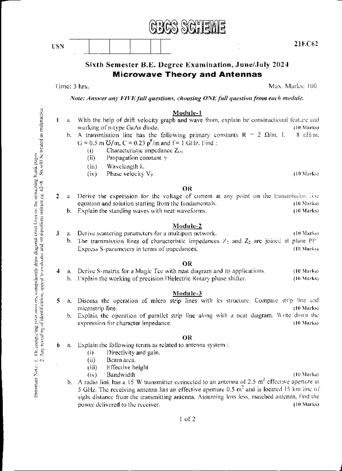 Microwave Theory and Antennas BEC701 Question Paper - Sixth Semester ...