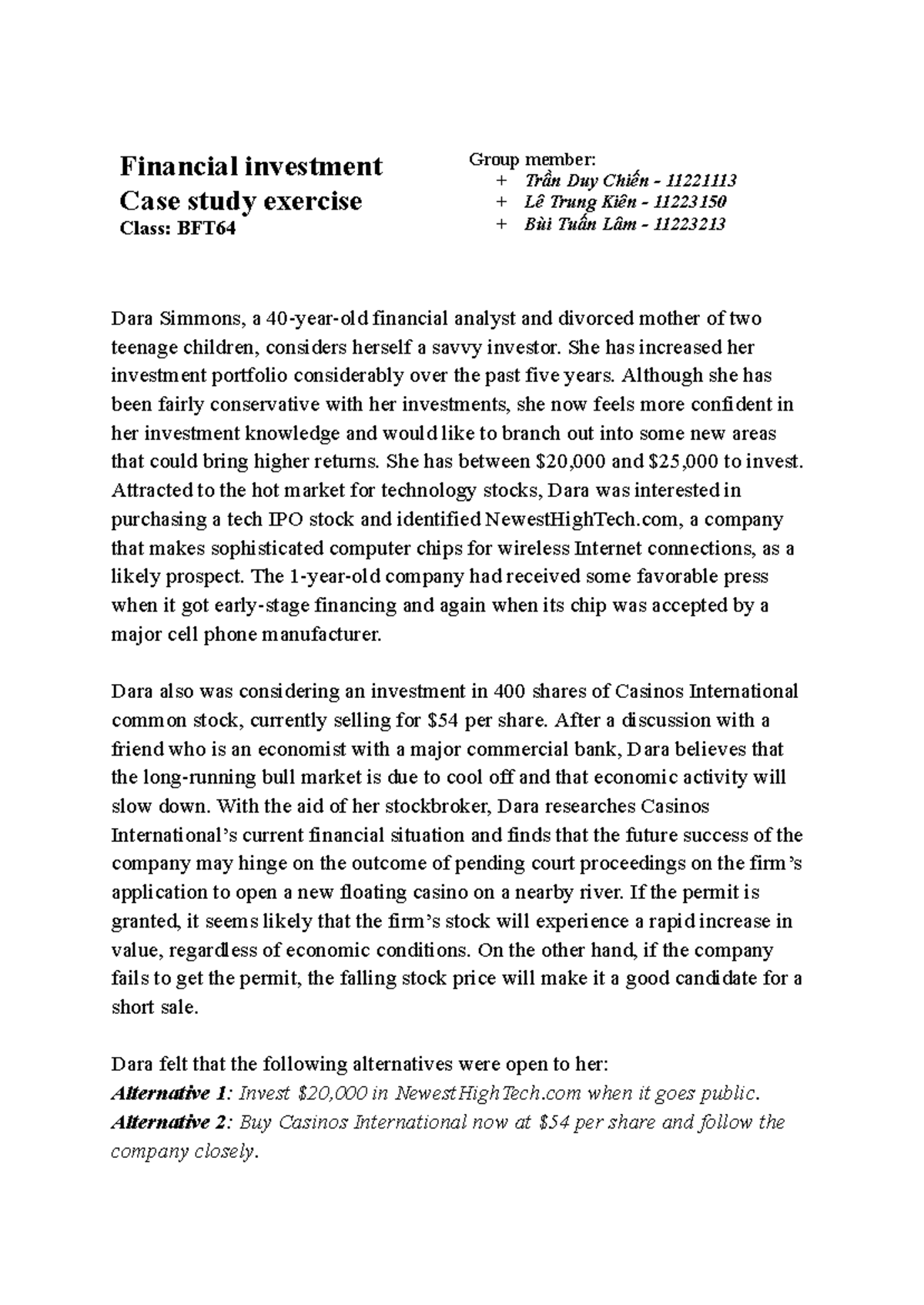 Financial Investment Case Study Analysis - BFT64 - Studocu