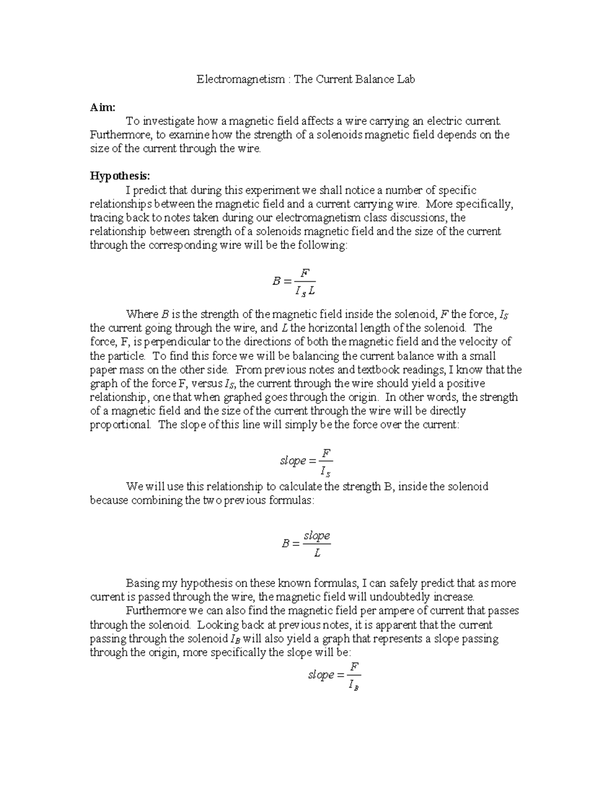 Electromagnetism Lab Report: Current Balance Experiment (Lab) - Studocu