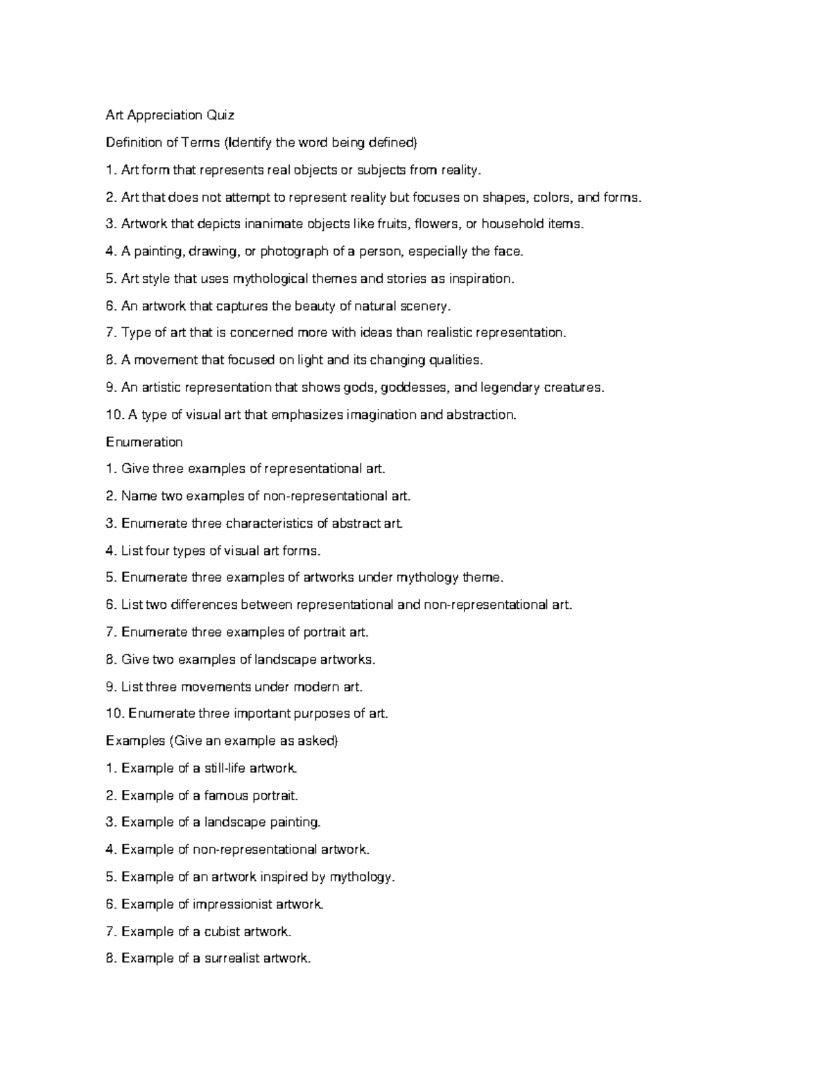 Art Appreciation Quiz (ART101) - Definition of Terms & Examples - Studocu