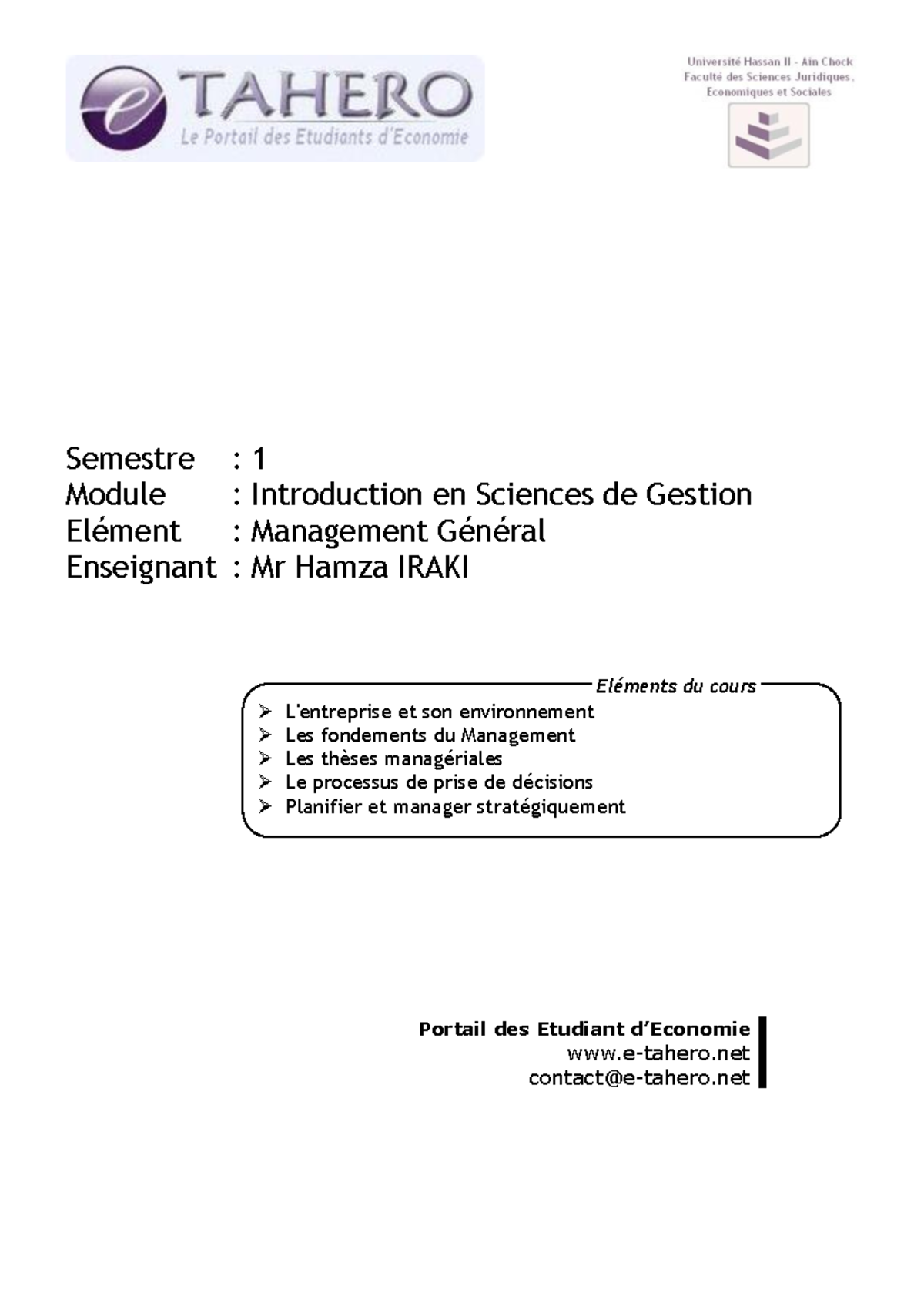 Cours de Management Général I S1 - Introduction aux Sciences de Gestion ...