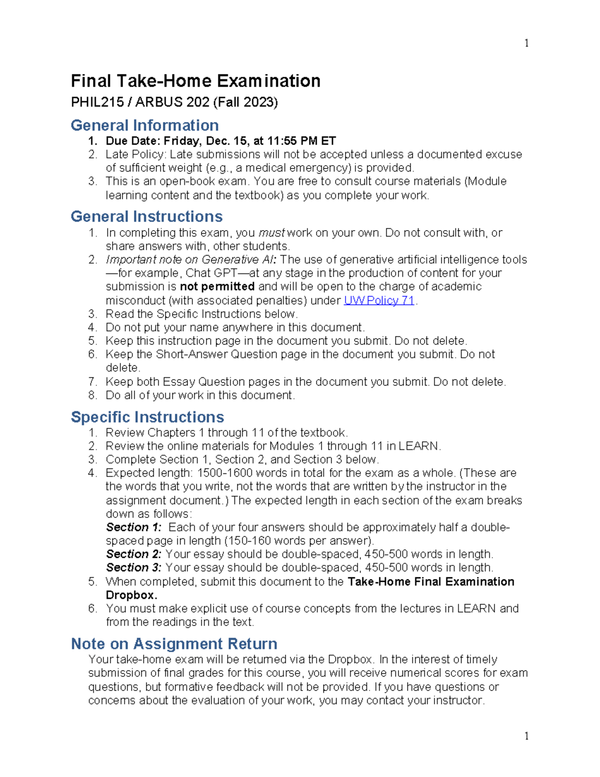 215 202 Take-home Final F23 - Final Take-Home Examination PHIL215 ...