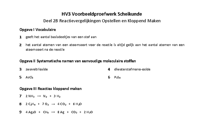 HV3 Scheikunde Voorbeeldproefwerk Deel 2B Reactievergelijkingen ...
