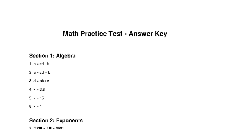 Math Practice Test Answer Key - Math Practice Test - Answer Key Section ...