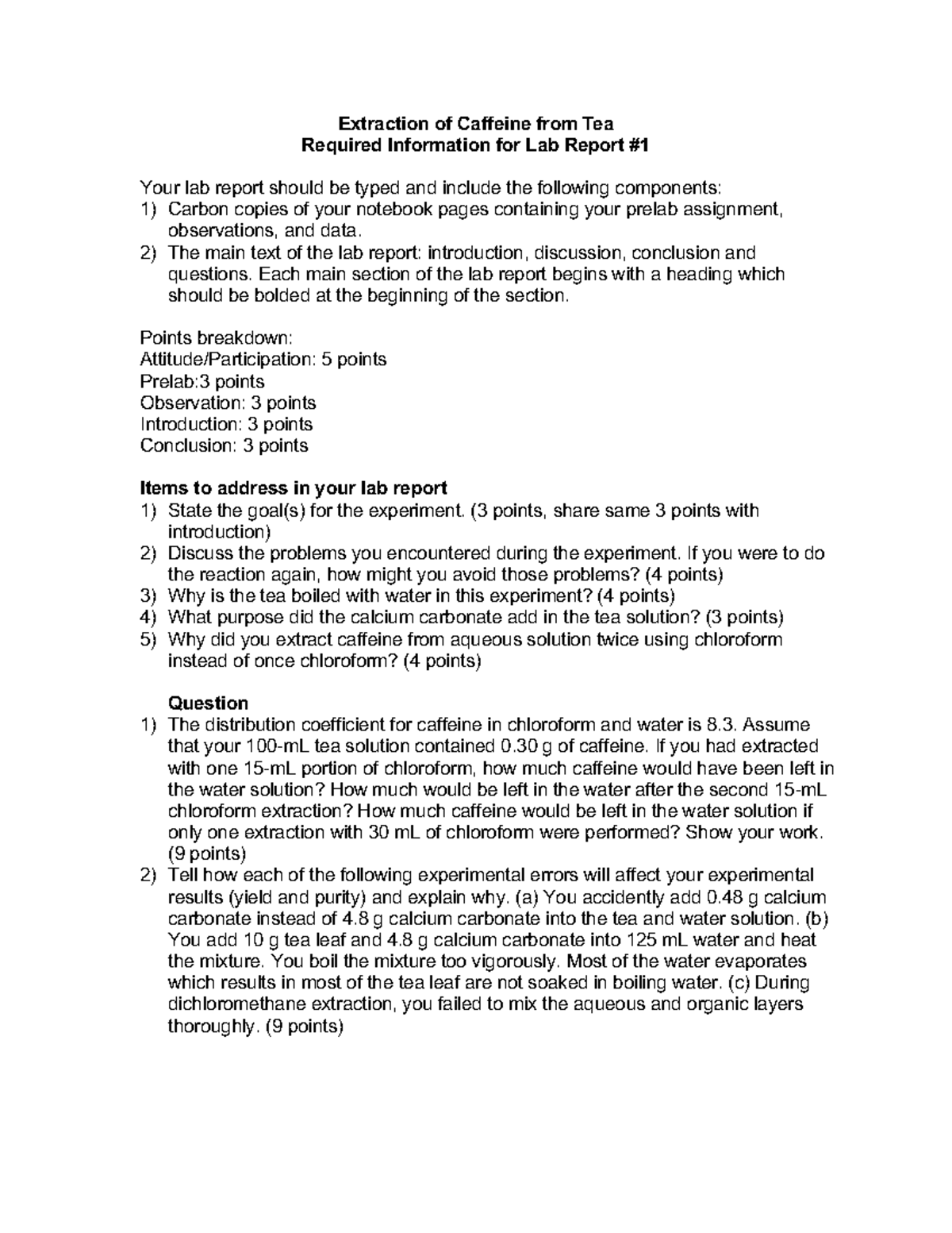 Extraction of Caffeine from Tea: Lab Report Guidelines - Studocu