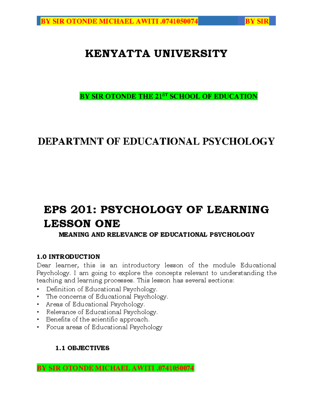 EPS 201: Educational Psychology - Lesson One Overview and Key Concepts ...
