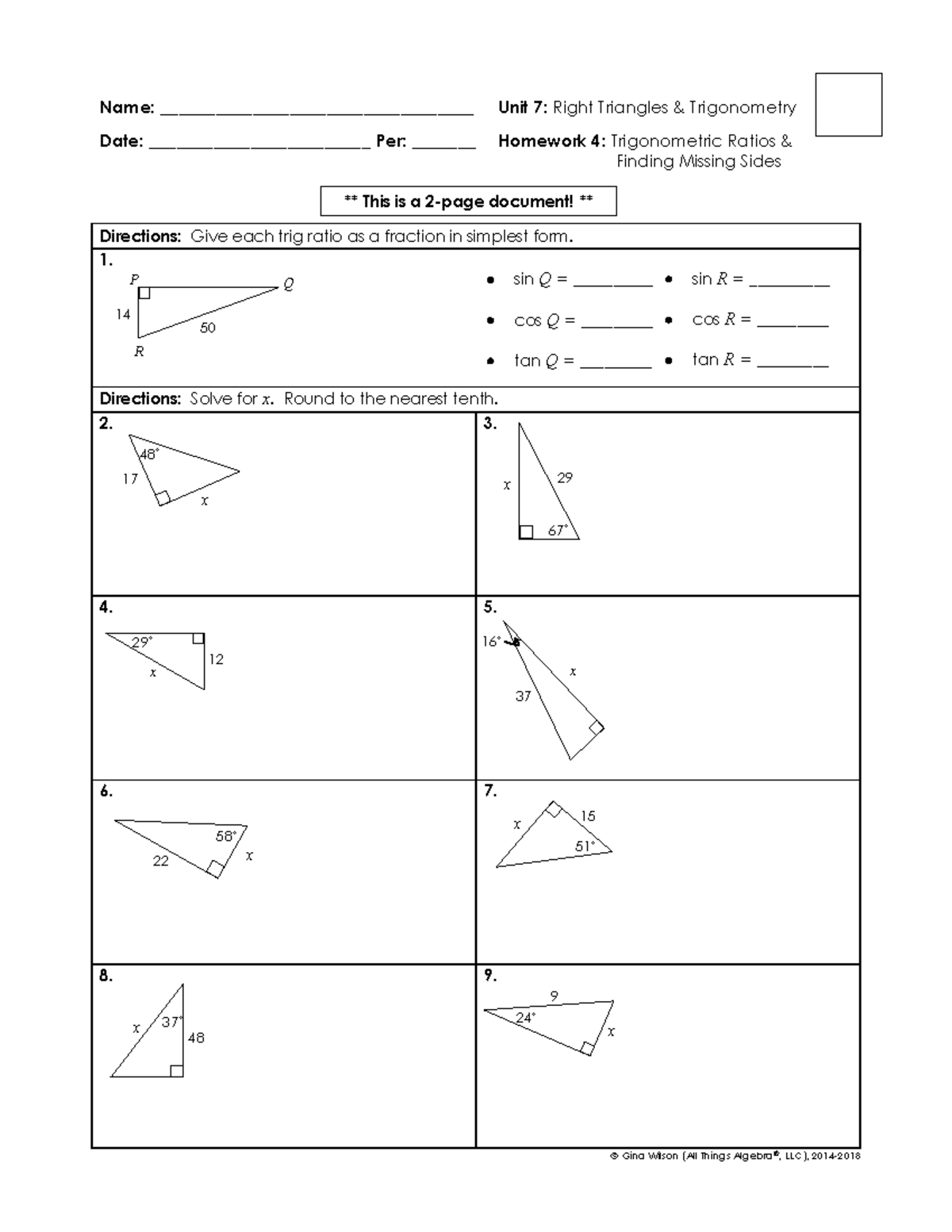 Geom.7.4 assignment - Trigonometric Ratios & Finding Missing Sides ...