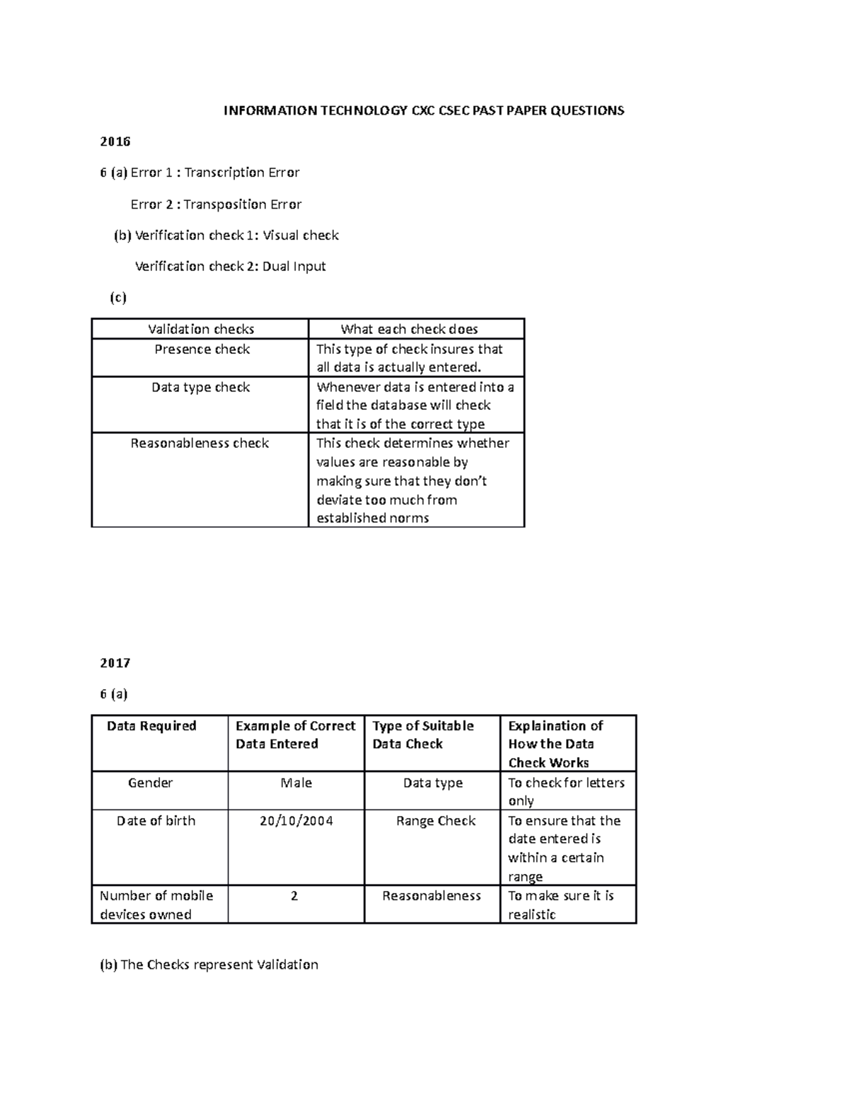 CXC CSEC I.T Past Paper Questions (2016-2018) - Studocu
