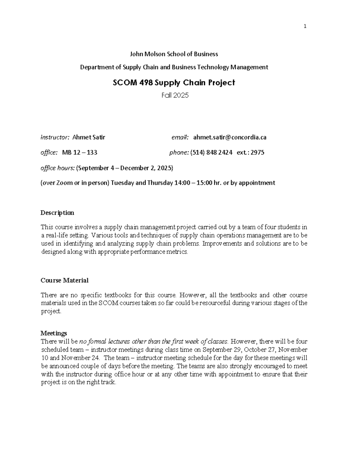 SCOM 498 Supply Chain Project Course Outline - Fall 2025 - Studocu