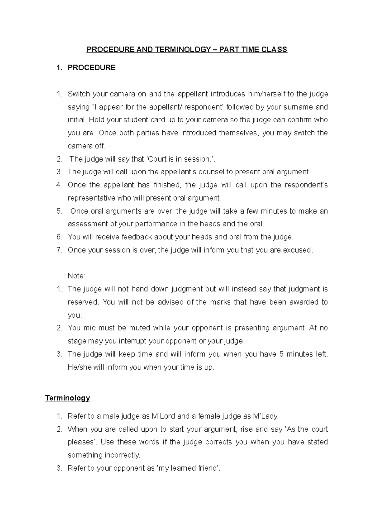 Part-Time Class 1: Procedure & Terminology Guide - Studocu