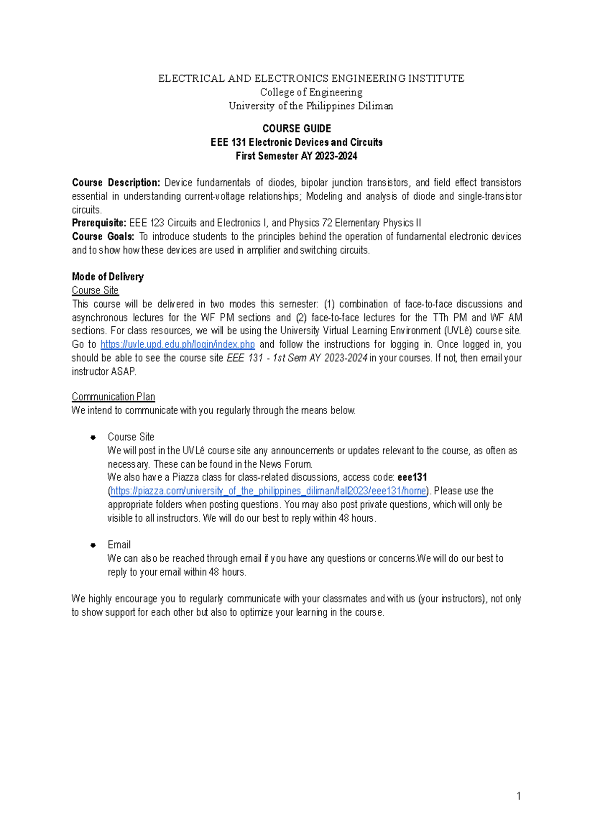 EEE 131 1st Sem AY 2023S1 Course Guide: Electronic Devices & Circuits - Studocu