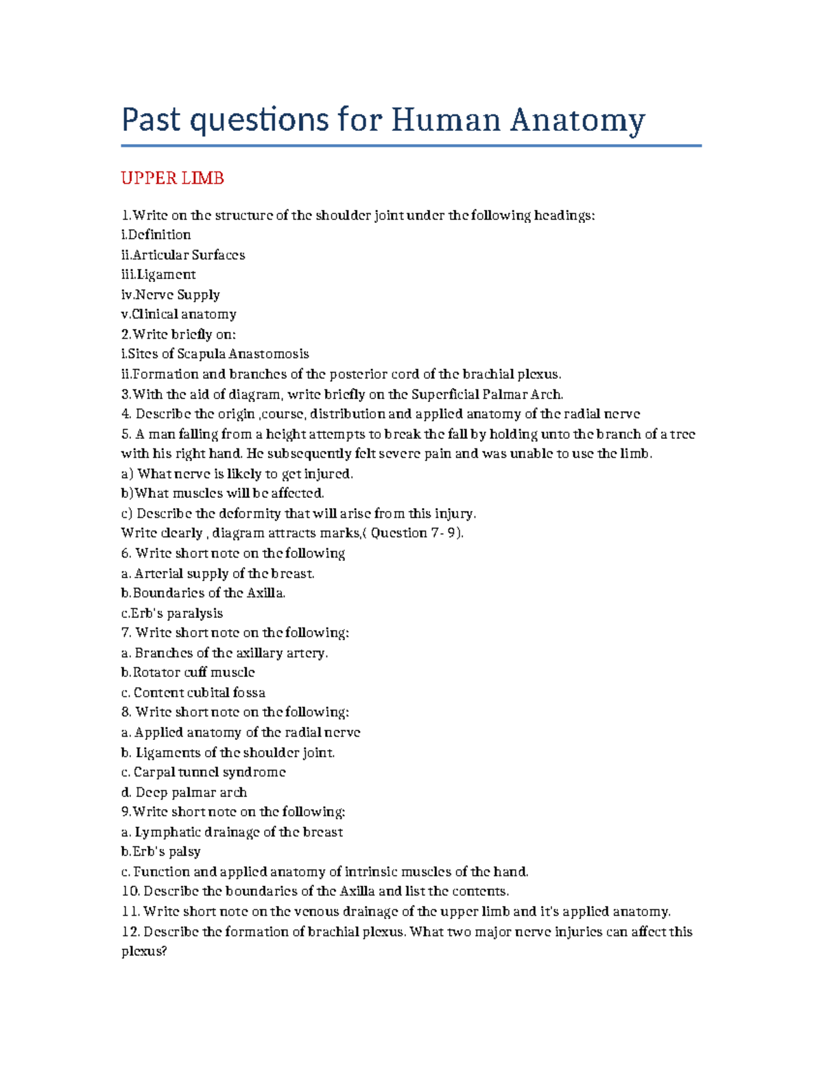 Human Anatomy 200L: Comprehensive Study Guide on Upper Limb and Thorax ...