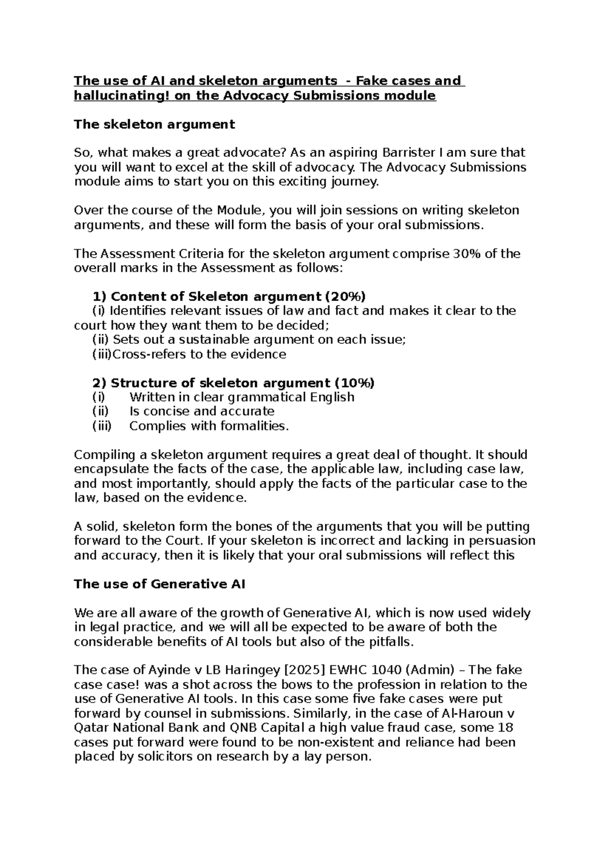AI in Advocacy Submissions: Navigating Skeleton Arguments & Ethics - Studocu