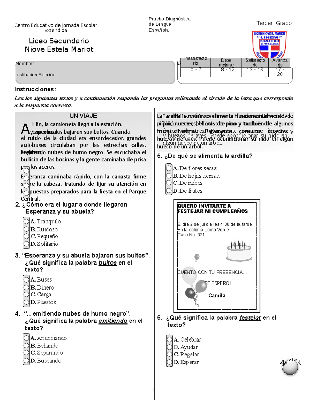 Prueba Diagnóstica 3ro Español: Comprensión de Lectura y Gramática ...