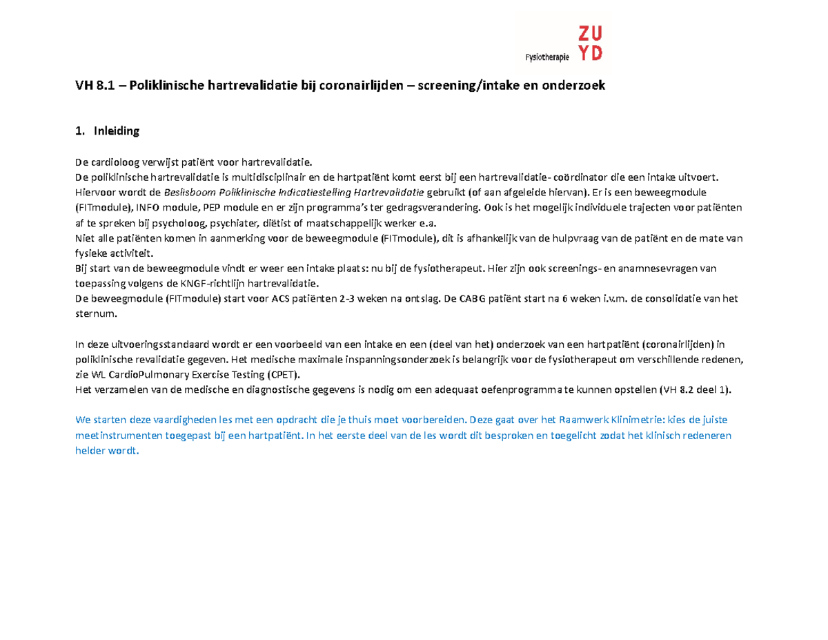 VH 8.1 - Hartrevalidatie bij Coronairlijden: Screening en Intake ...