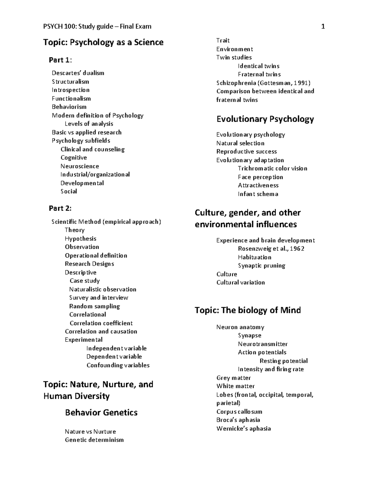 PSYCH 100: Detailed Final Exam Study Guide on Core Psychological ...
