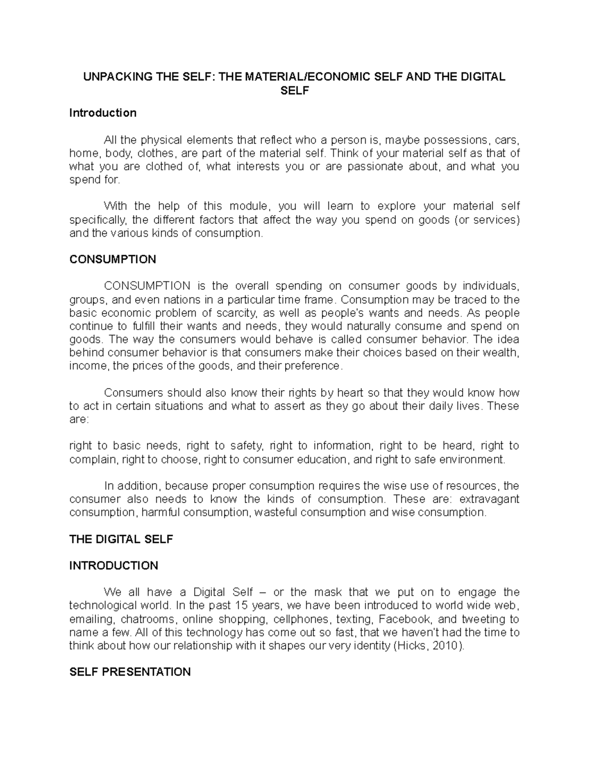 Unpacking THE SELF - THE Material - Economic SELF AND THE Digital SELF ...