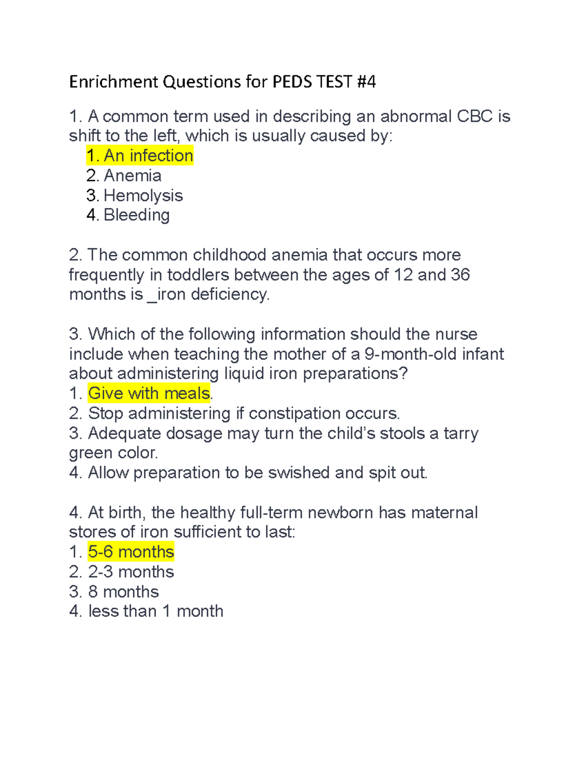Enrichment Questions for test #4 - Enrichment Questions for PEDS TEST A ...