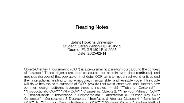 ENGR150 Fall 2023: OOP Concepts and Design Patterns Notes - Studocu