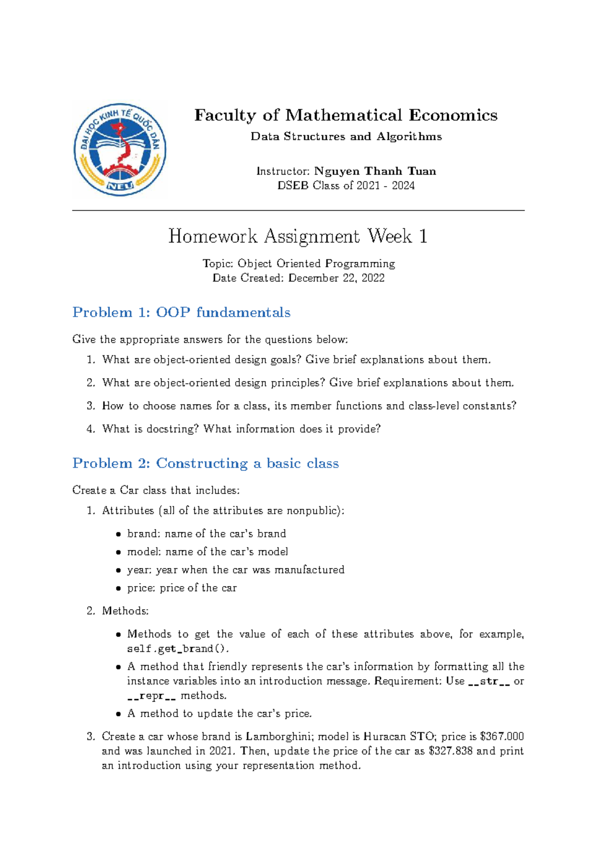 Homework Assignment Week 1: OOP Fundamentals - DSEB 2021-2024 - Studocu