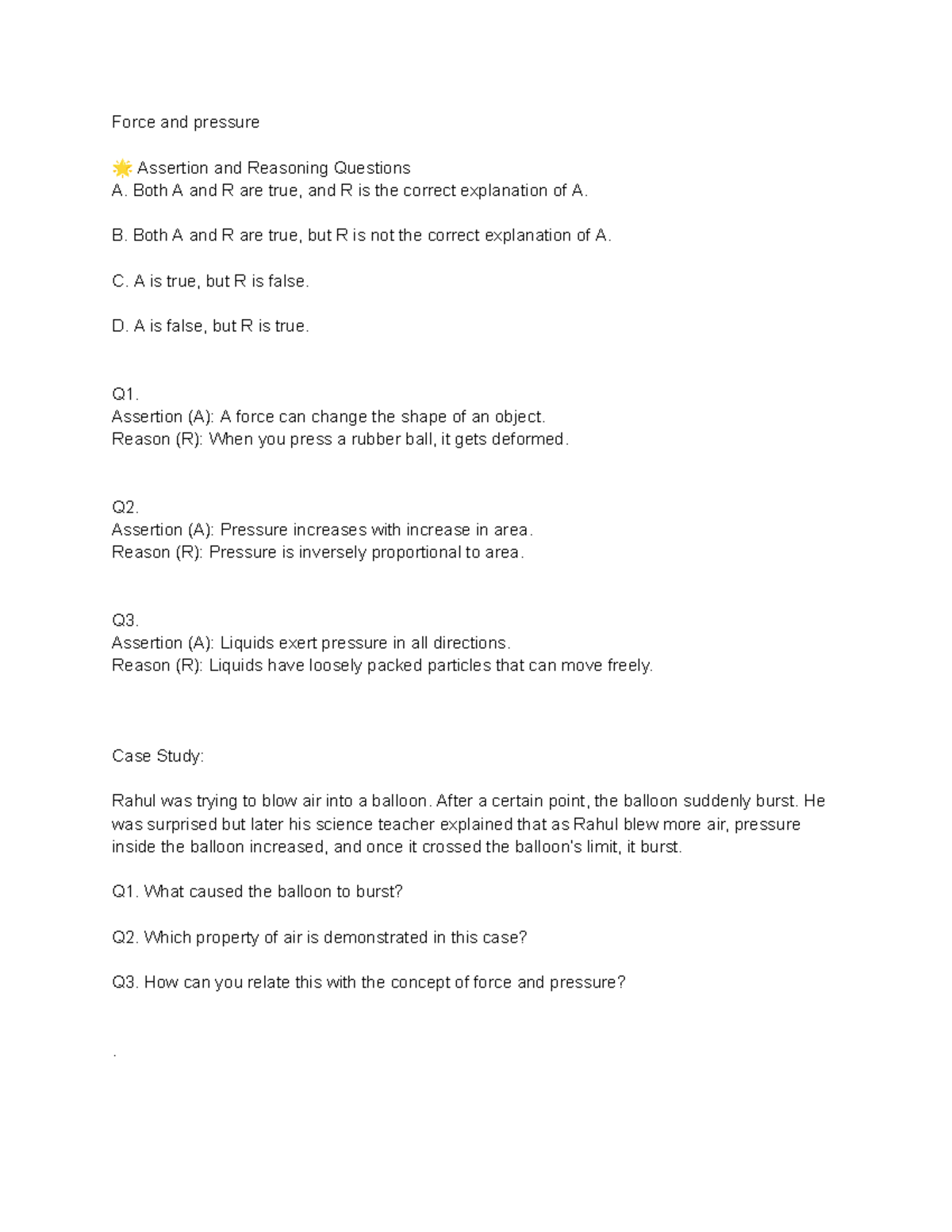 Force and Pressure Worksheet: Assertion and Reasoning Questions - Studocu