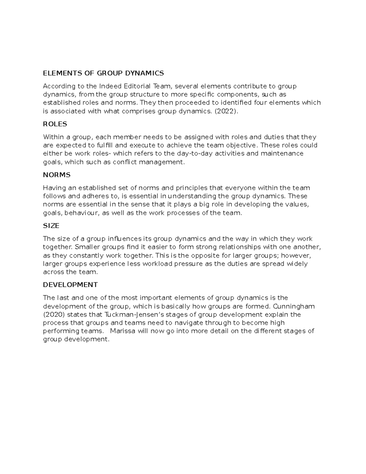 Elements of Group Dynamics: Roles, Norms, Size, and Development - Studocu