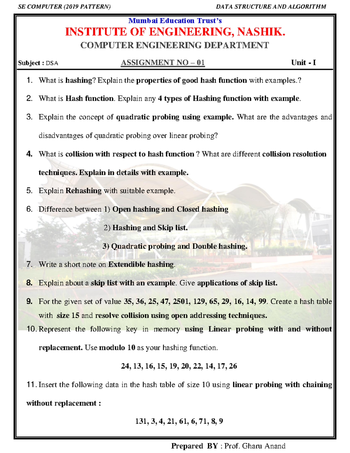 Dsa assignment 1 2024 - SE COMPUTER (2019 PATTERN) DATA STRUCTURE AND ALGORITHM Prepared BY ...