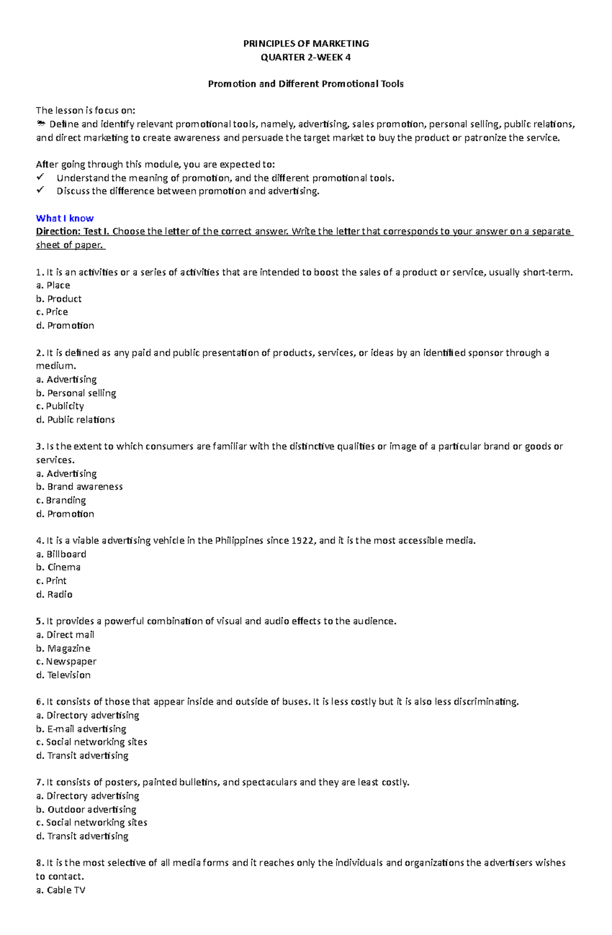 MKTG-Q2-week4 - promotional tools - PRINCIPLES OF MARKETING QUARTER 2-WEEK 4 Promotion and ...