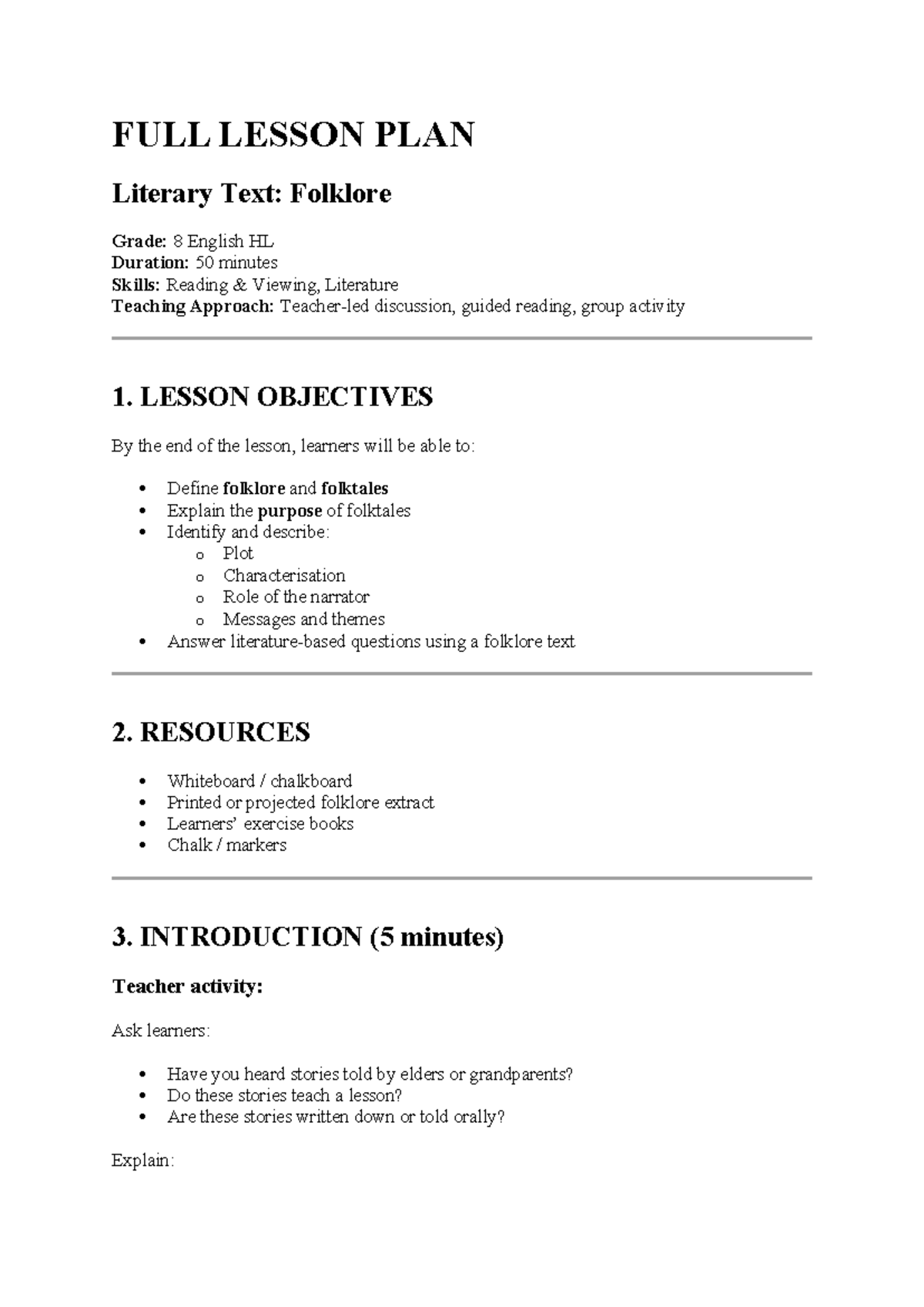 Grade 8 English HL Lesson Plan: Exploring Folklore and Folktales - Studocu