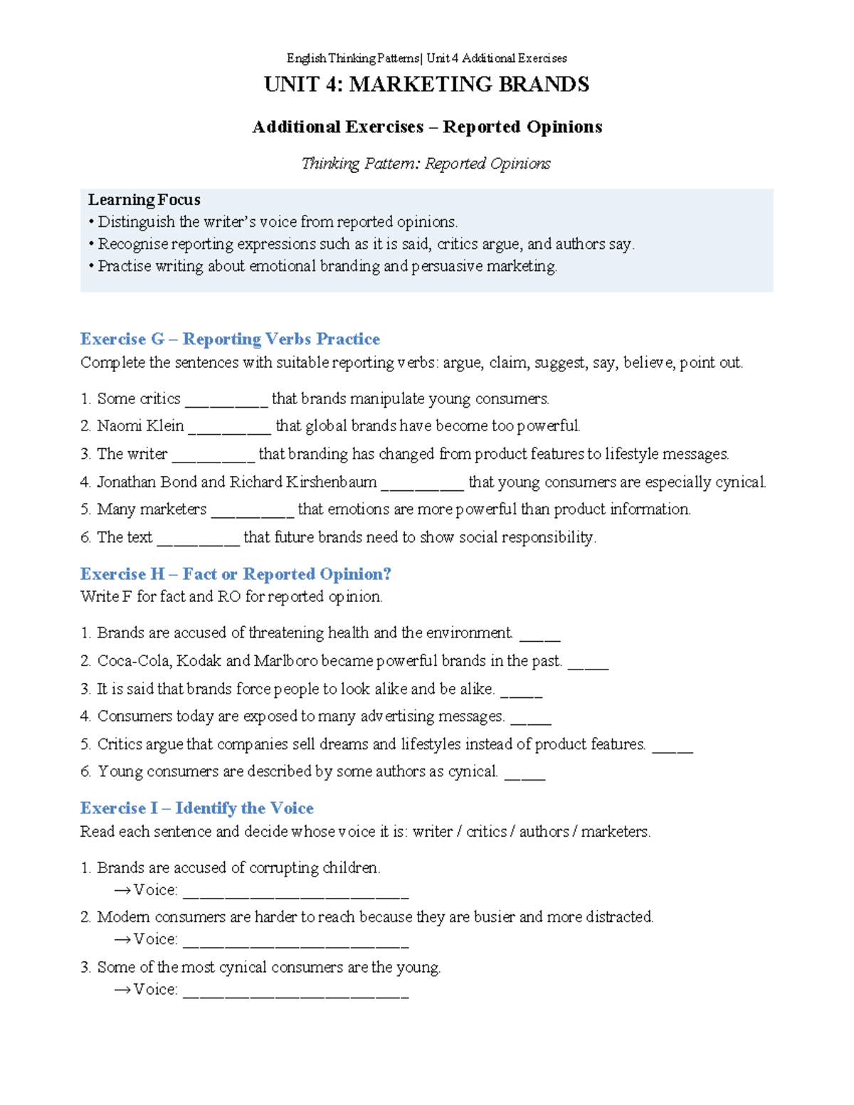English Thinking Patterns Unit 4: Marketing Brands Exercises - Studocu