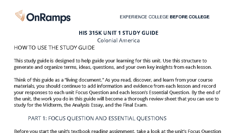 SG HIS 315K Unit 1 Study Guide: Colonial America Overview - Studocu