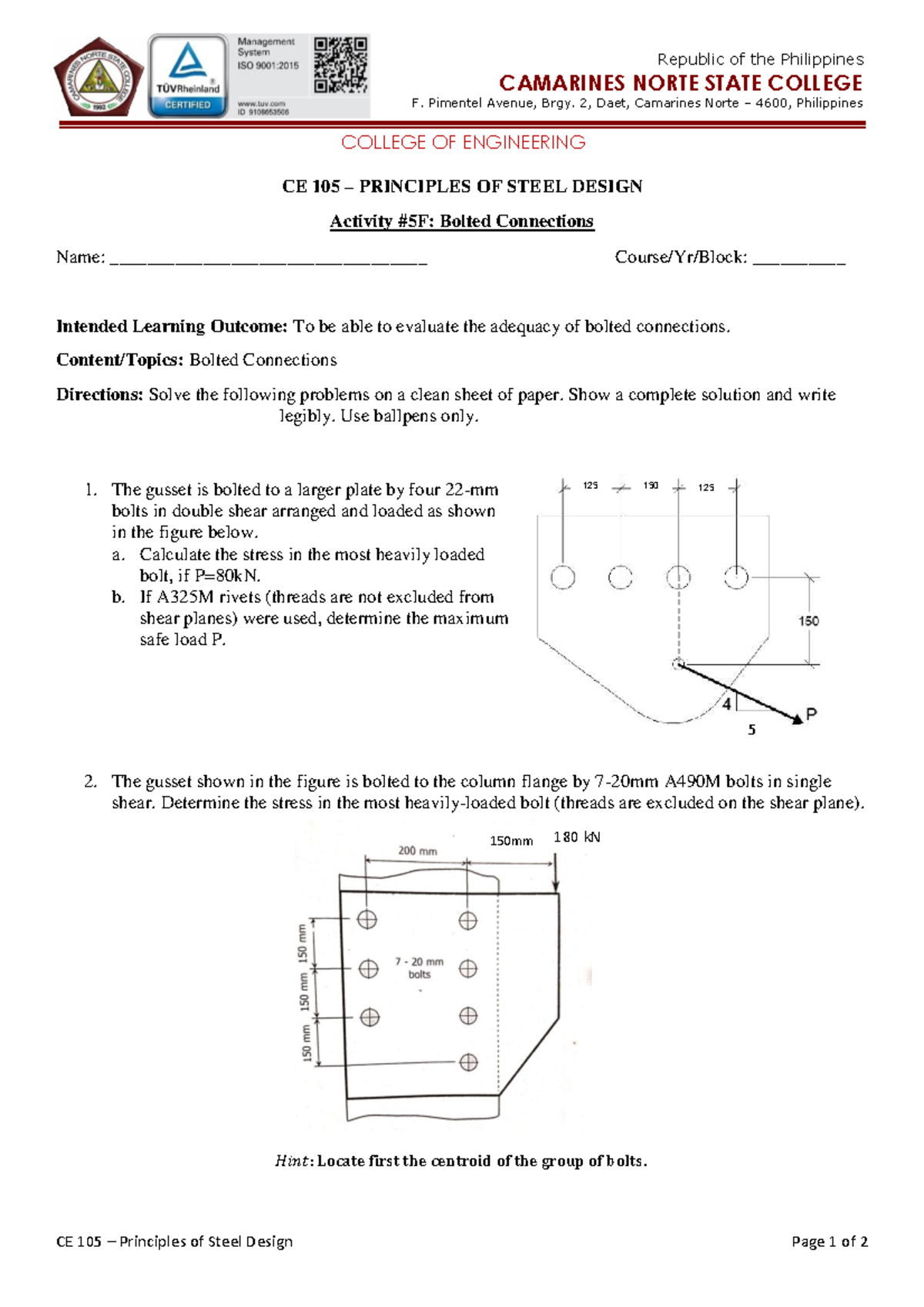 CE 105 Final Exam: Evaluating Bolted Connections in Steel Design - Studocu