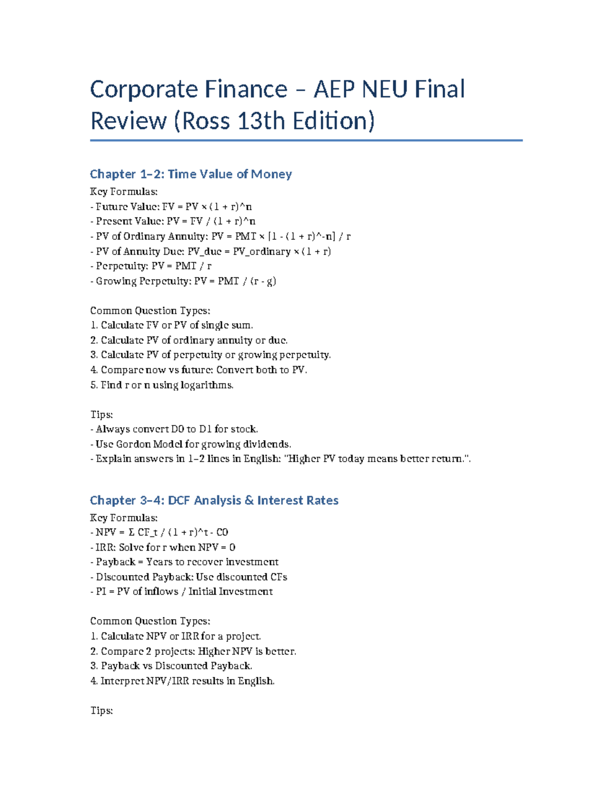 Corporate Finance AEP NEU Final Review: Time Value of Money & DCF ...