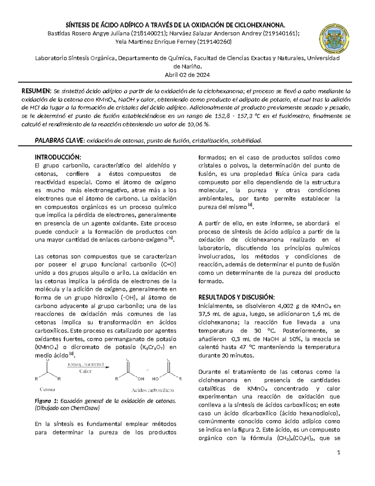 Informe 2 - Síntesis de Ácido Adípico: Oxidación de Ciclohexanona - Studocu