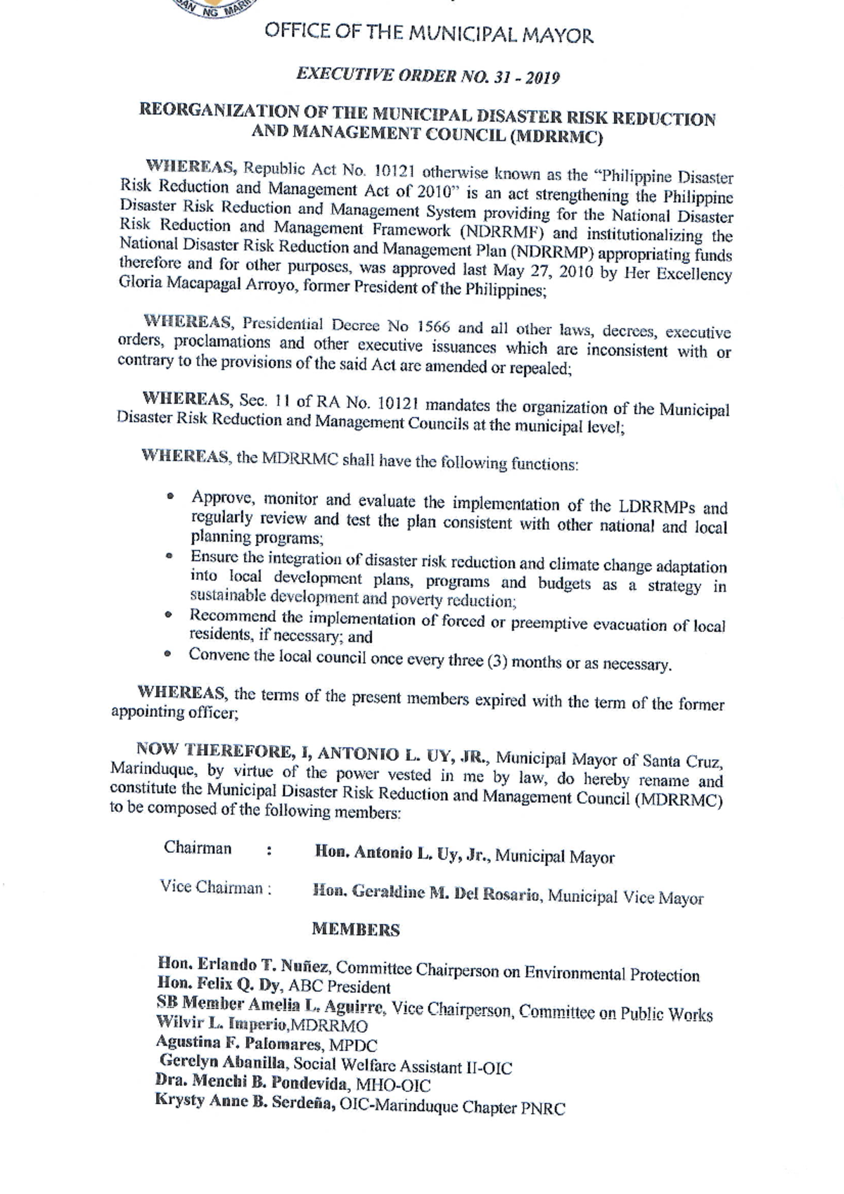 Resolution & Executive Order on Establishing the LDRRMC - Studocu